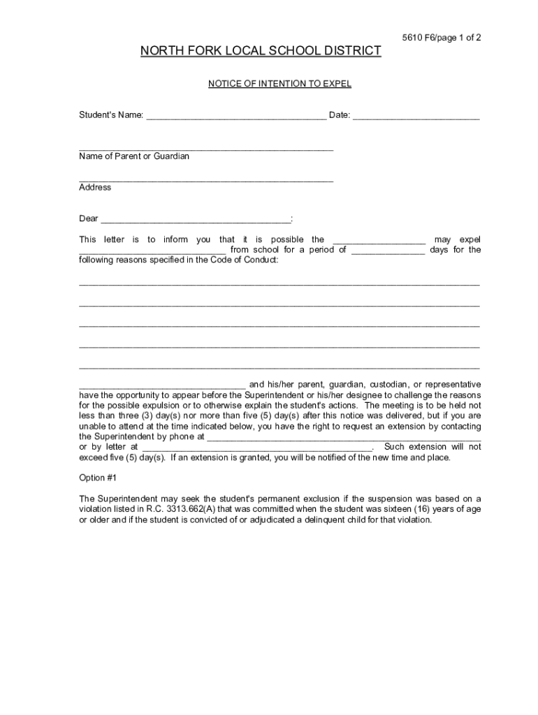 Fillable Online 5610 F6 NOTICE OF INTENTION TO EXPEL Student's Name Fax ...