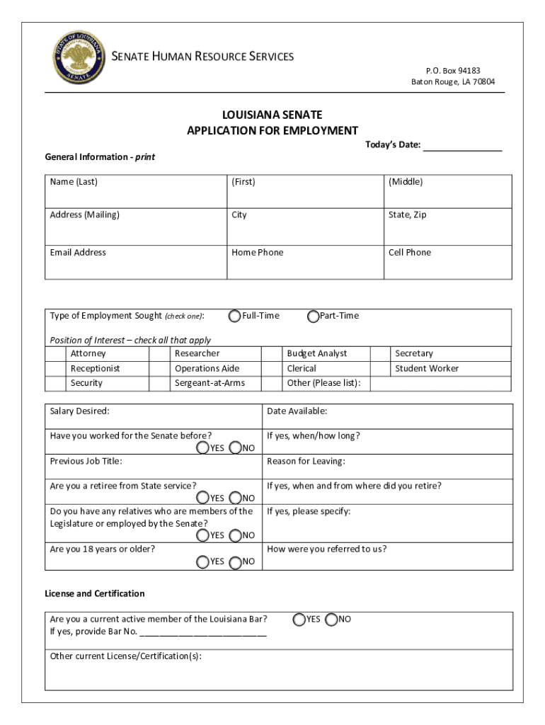 Fillable Online senate legis louisiana LOUISIANA SENATE APPLICATION FOR ...