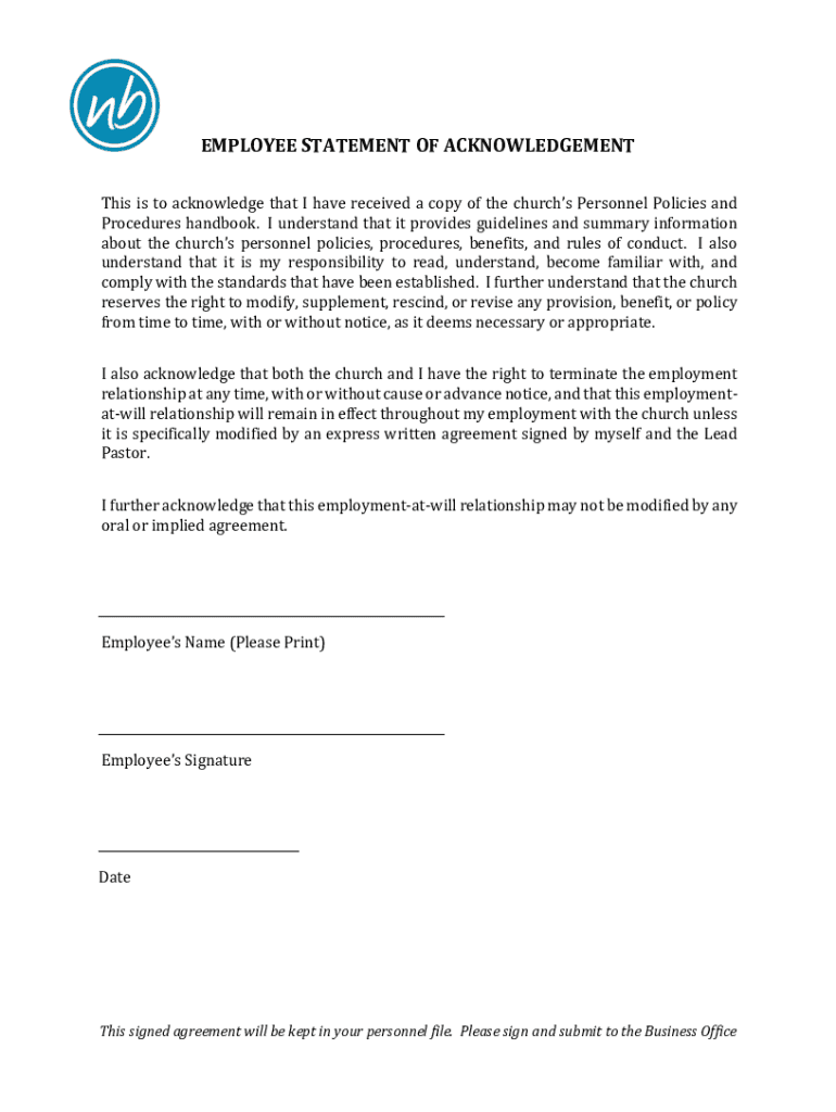 Fillable Online EMPLOYEE STATEMENT OF ACKNOWLEDGEMENT Fax Email Print ...