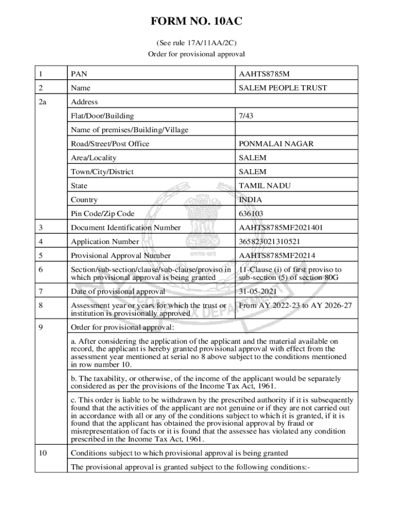 Fillable Online 80G Provisional Certificate AAAJM0958PF20214 Fax Email ...