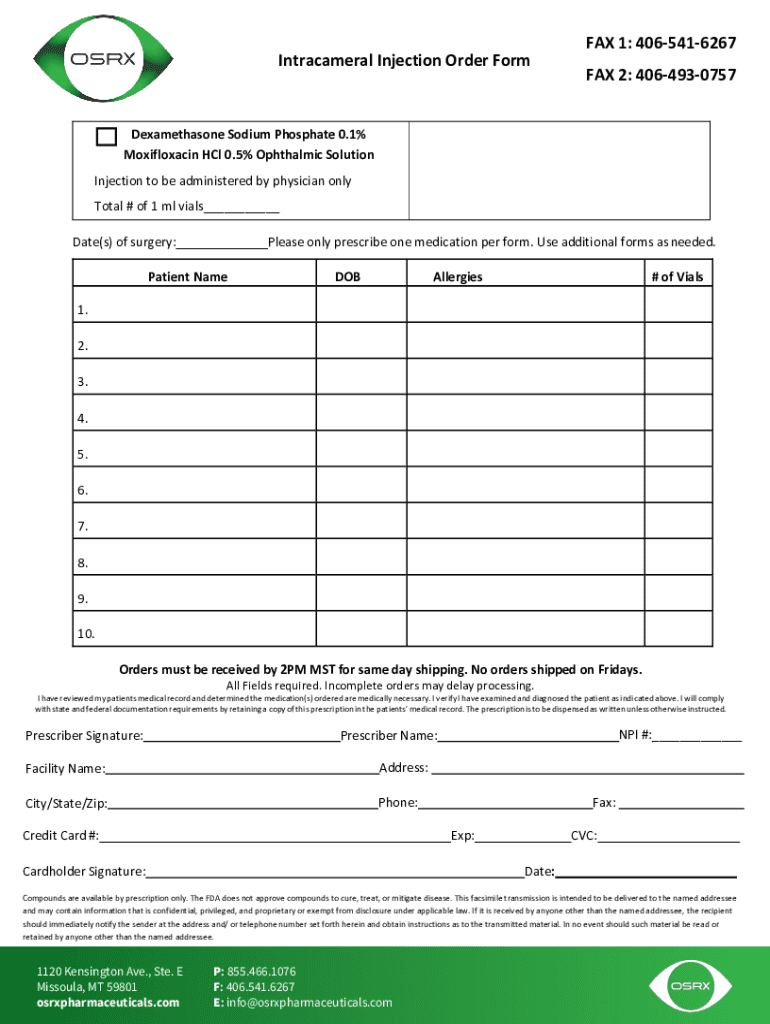 Fillable Online INTRACAMERAL INJECTION ORDER FORM Fax Email Print ...