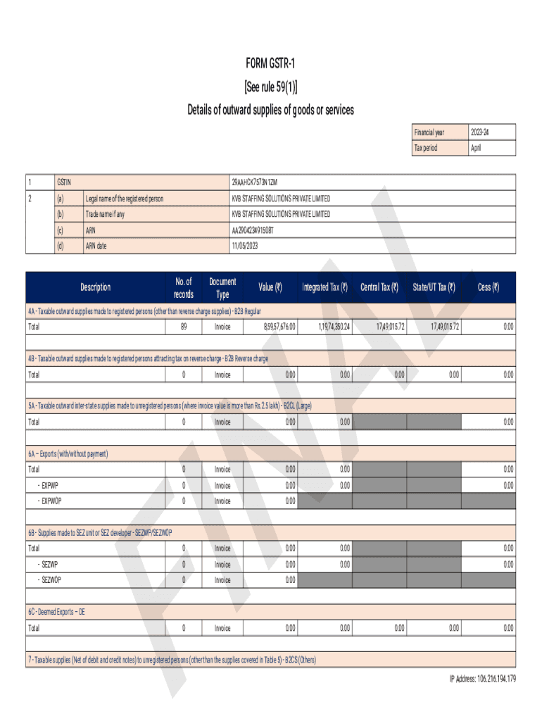 Fillable Online FORM GSTR-1 See rule 59(1) Details of outward supplies ...