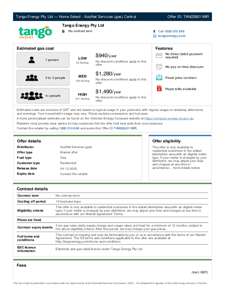 Fillable Online Tango Energy Pty Ltd Home Select - AusNet Services (gas) Central Fax Email Print ...