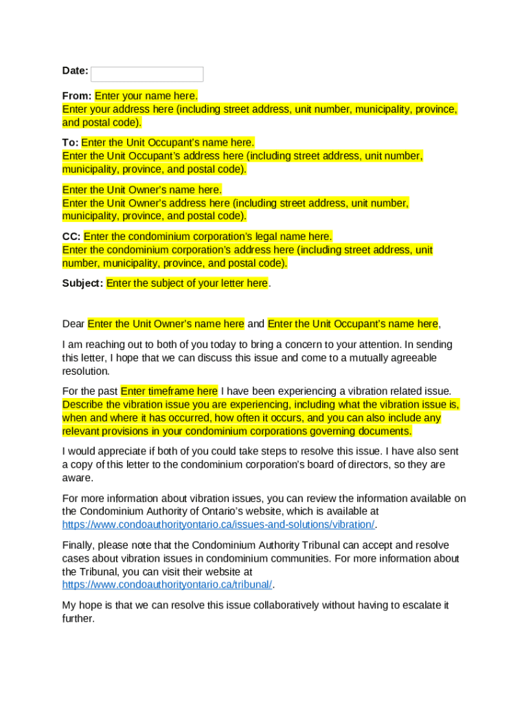 To: Enter the Unit Occupant's name here Doc Template | pdfFiller