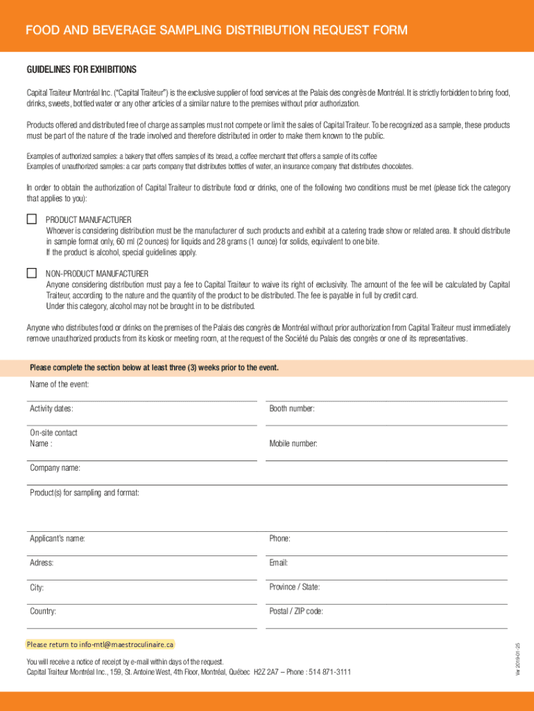 Fillable Online FOOD AND BEVERAGE SAMPLING DISTRIBUTION ... Fax Email ...