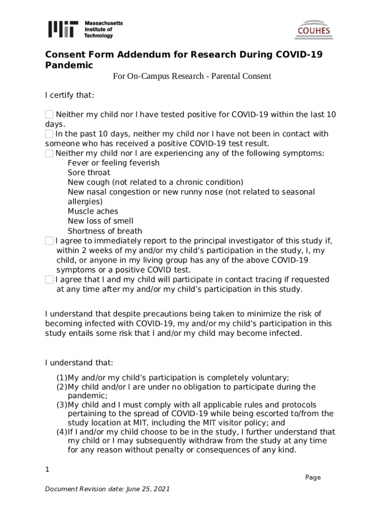Consent Addendum for Research During COVID-19 Pandemic On Campus ...