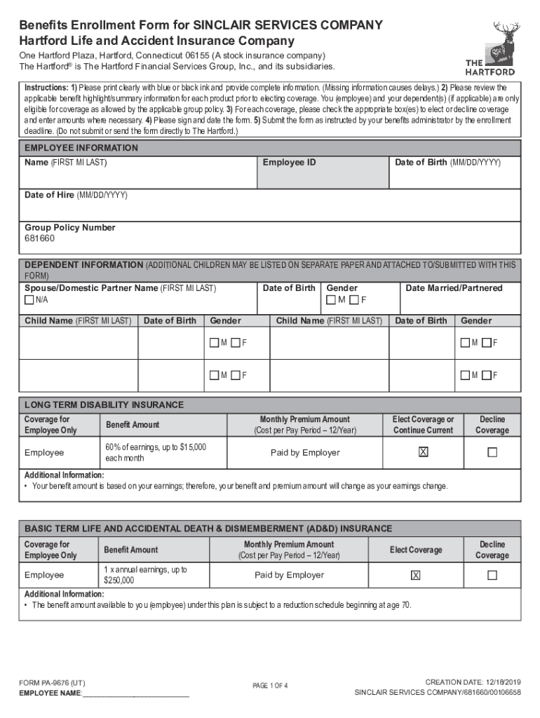 Fillable Online Benets Enrollment Form for SINCLAIR SERVICES COMPANY ...