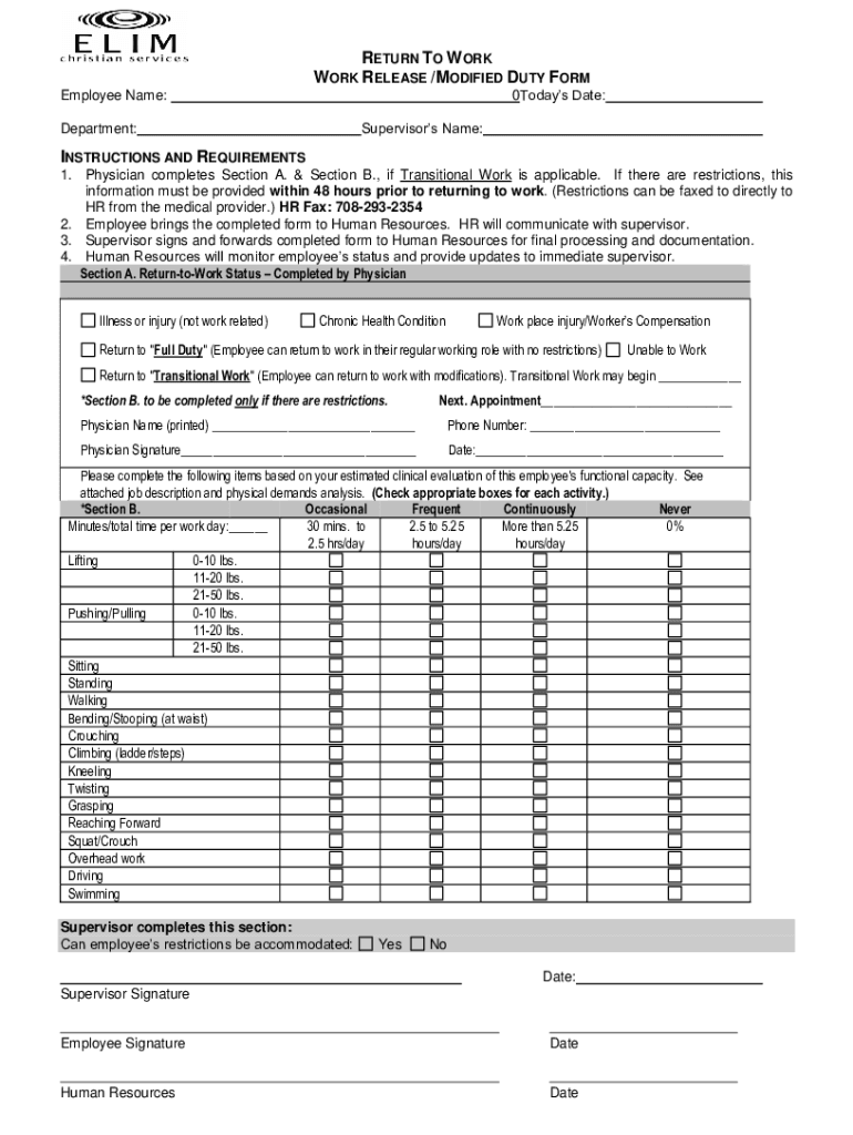 Fillable Online Physician's Modified Work Information Sheet Fax Email ...