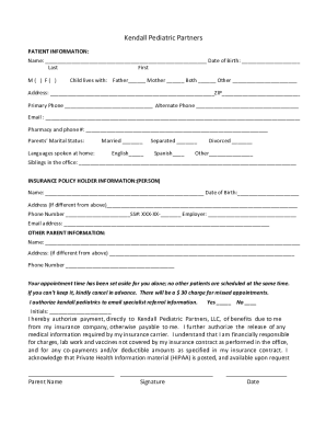 Fillable Online Patient FormsKendall Pediatric Partners Fax Email Print - pdfFiller