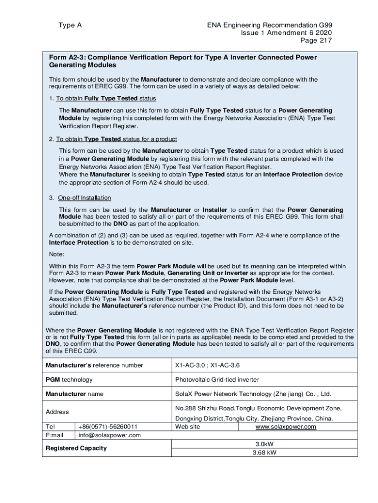 Fillable Online G99 Form A2-1 Type A Power Generating Modules 1 Fax ...