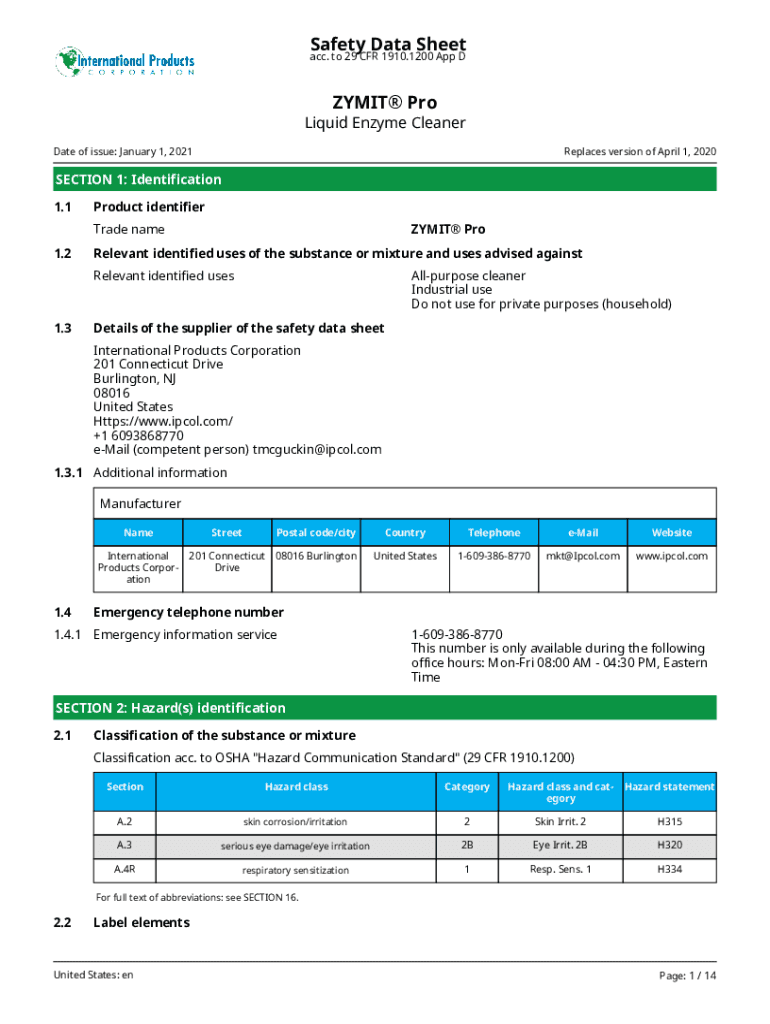 Fillable Online ZYMIT Pro - Safety Data Sheet Fax Email Print - pdfFiller