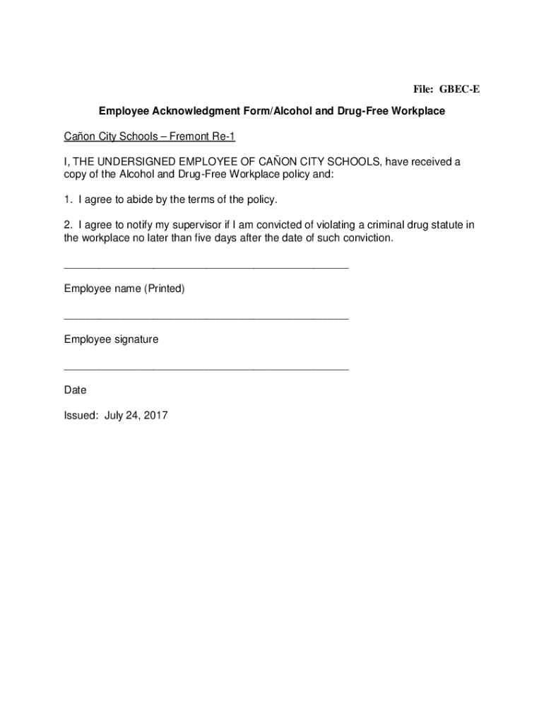 Fillable Online GBEC-E - Employee Acknowledgment Form/Alcohol and Drug ...