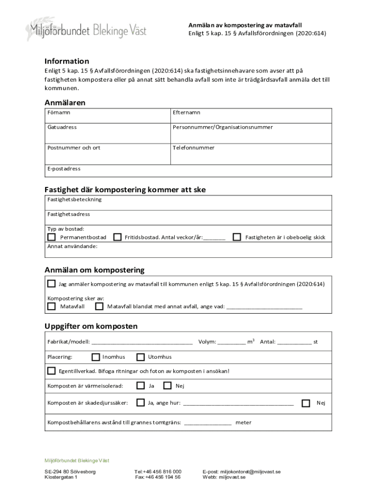 Fillable Online Anmlan om kompostering av matavfall Fax Email Print - pdfFiller