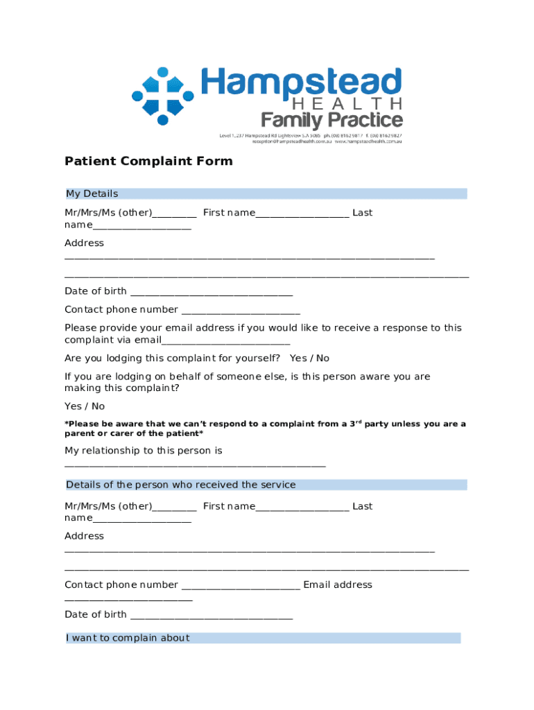 Patient Complaint - Balance! Healthcare Doc Template | pdfFiller