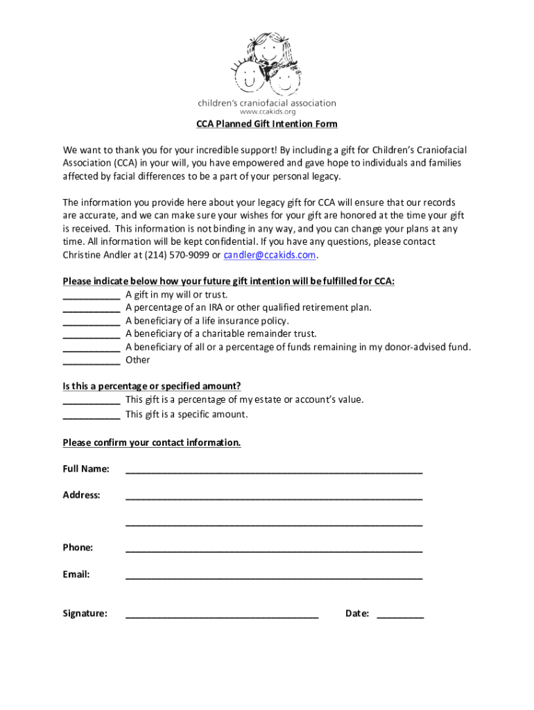 Fillable Online CCA Planned Gift Intention Form Fax Email Print - pdfFiller