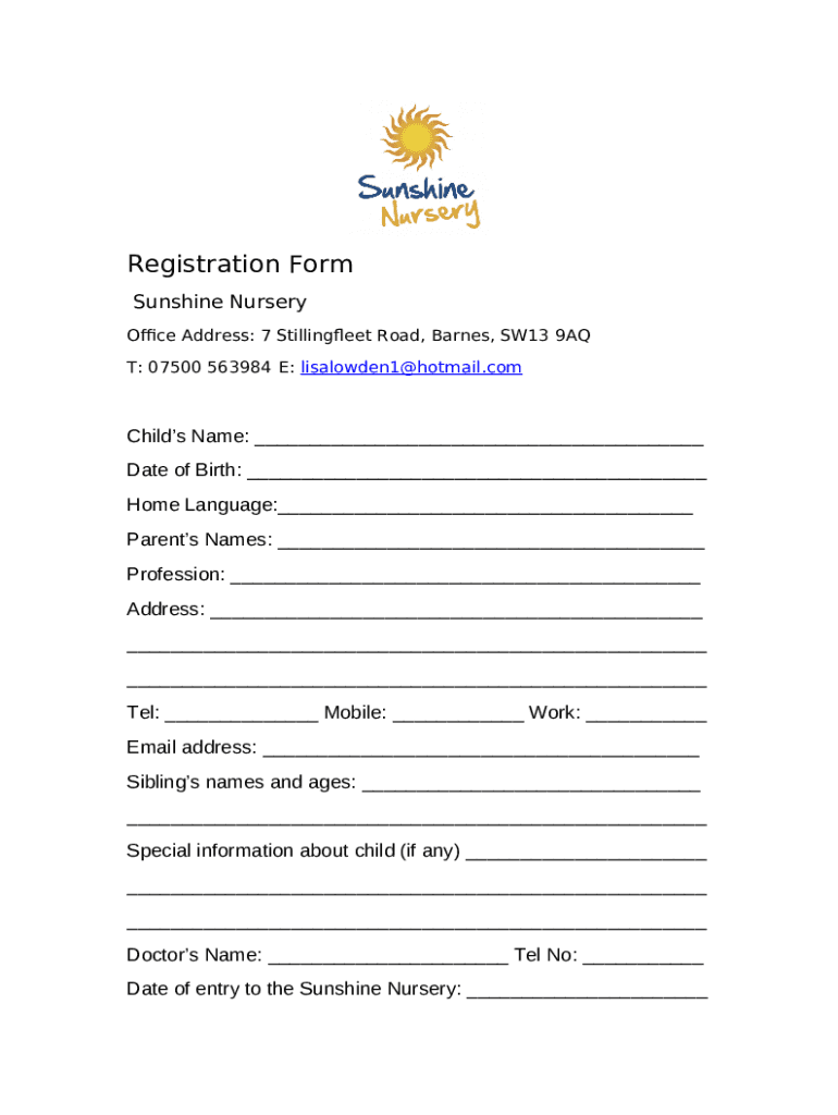 Sunshine Nursery Registration .doc Doc Template | pdfFiller