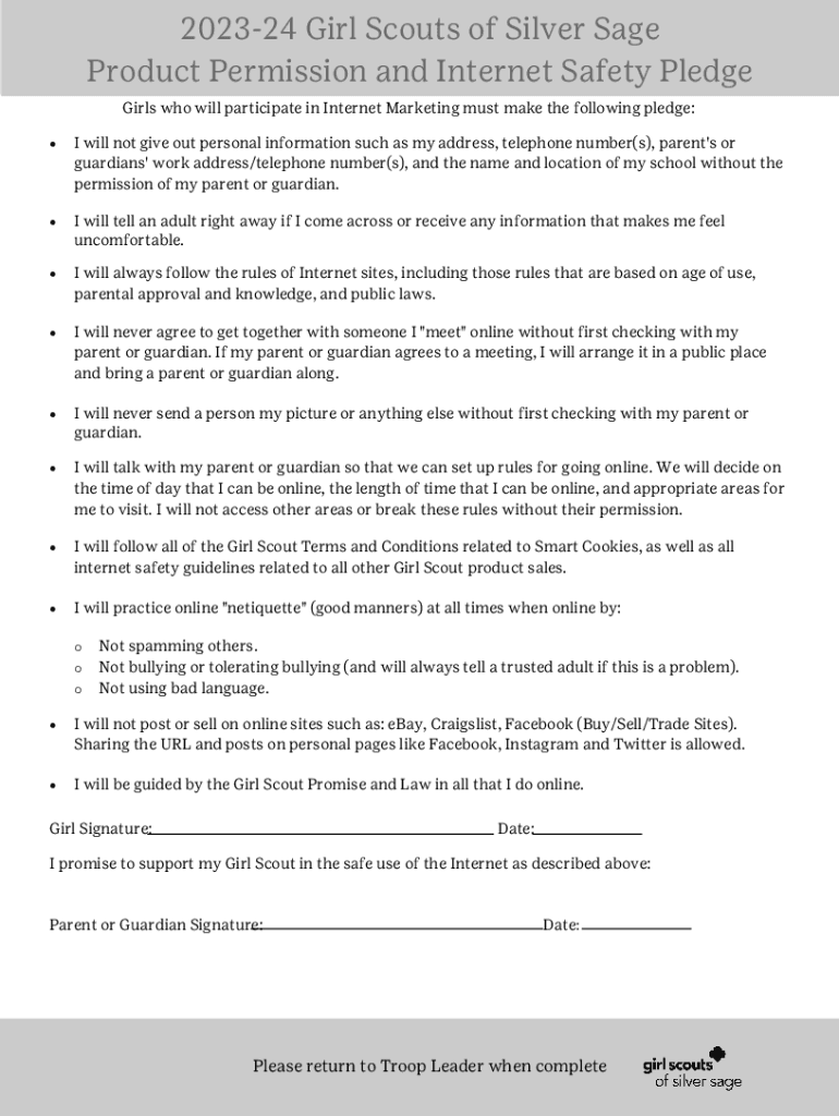 Fillable Online Girl Scout Internet Safety Pledge* for All ... Fax ...