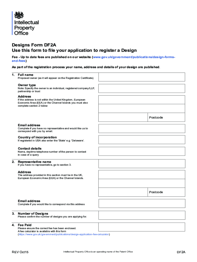 Fillable Online Designs Form DF2A. Use this form to file your application to register a Design ...