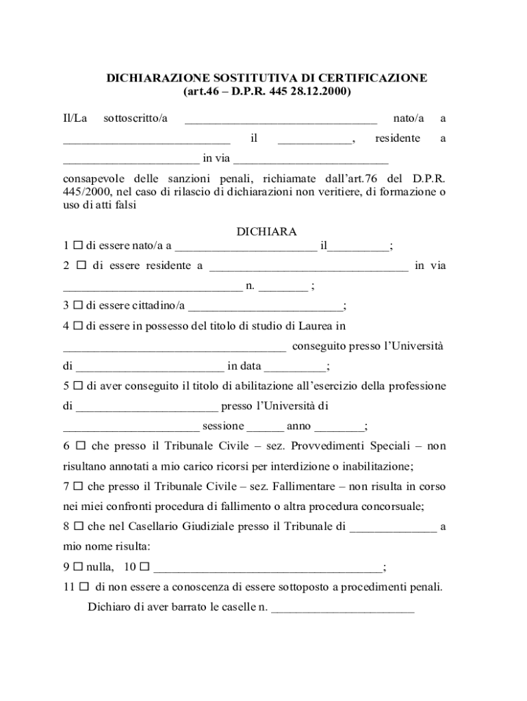 Compilabile Online DICHIARAZIONE SOSTITUTIVA DI CERTIFICAZIONI (Art ...