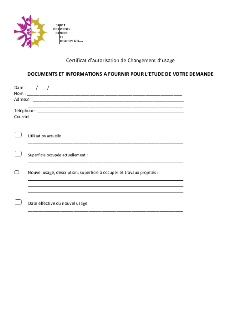 Remplissable En Ligne Certificat d'autorisation pour un changement d'usage Fax Email Imprimer ...