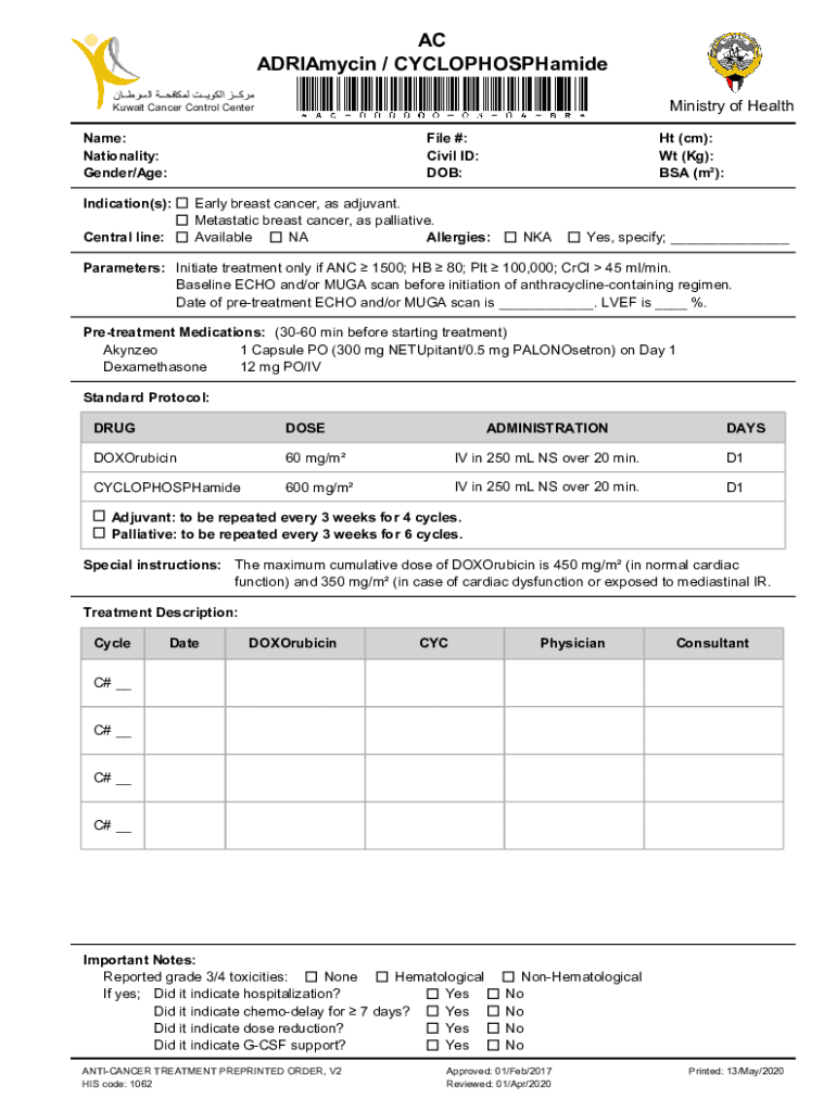 Fillable Online AC Chemotherapy Regimen Fax Email Print - pdfFiller