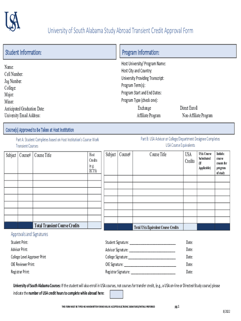 Fillable Online University of South Alabama Transient Credit Approval ...
