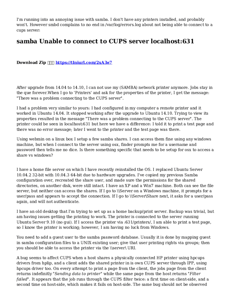 Fillable Online Solved Samba log spam: Unable to connect to CUPS ...