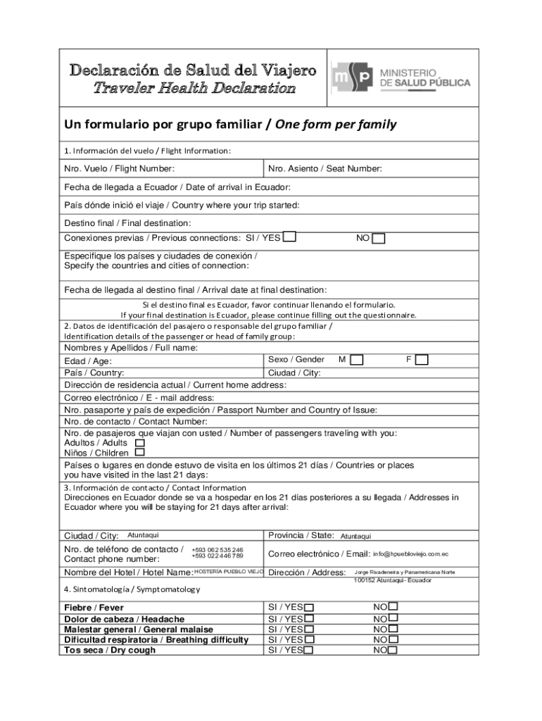 Completable En línea declaracin de salud del viajero/ traveler's health ...
