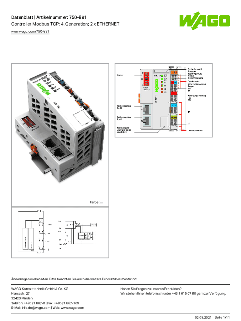 Ausfüllbar Online 750-891 Controller Modbus TCP; 4. Generation; 2 x ...