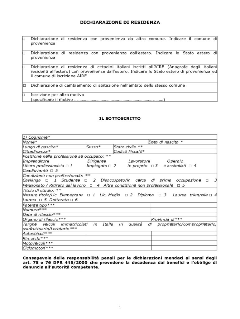 Compilabile Online Dichiarazione di residenza con provenienza dall ...