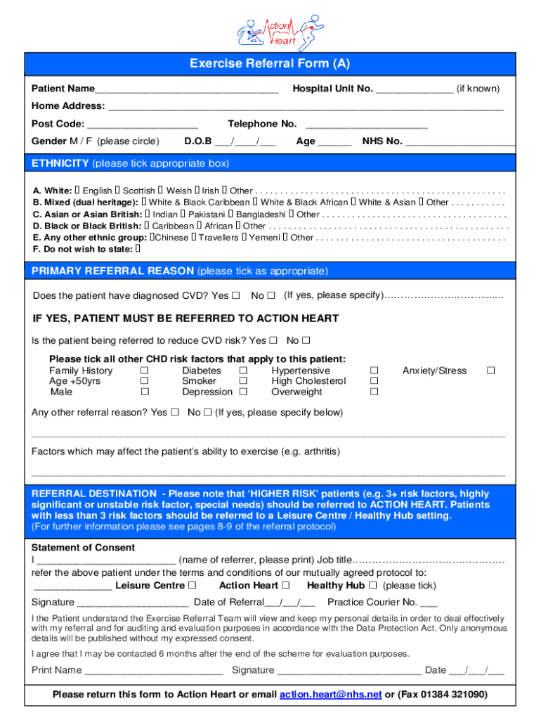 Fillable Online Exercise Referral Form A Action Heart(with fax number ...