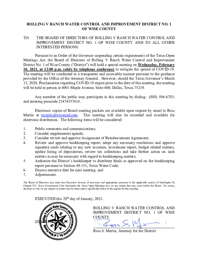 Fillable Online the Board of Directors of Rolling V Ranch Water Control ...