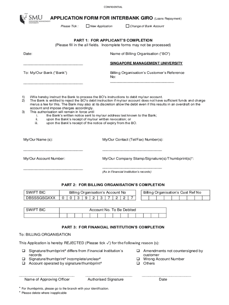 Fillable Online admissions smu edu APPLICATION FORM FOR INTERBANK GIRO ...