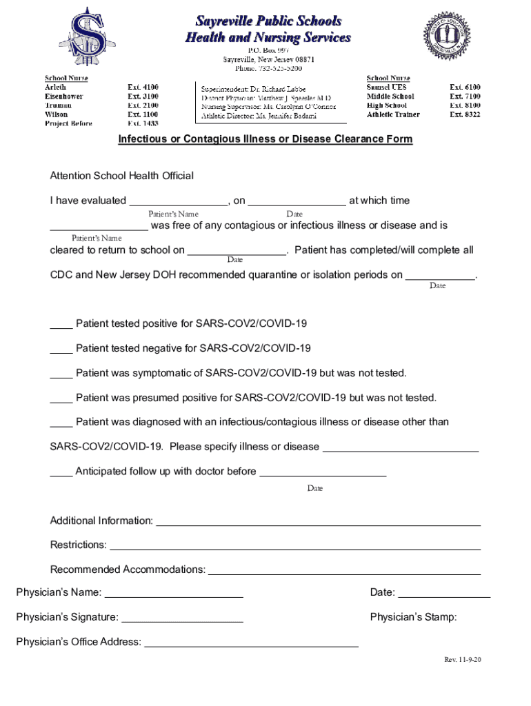 Fillable Online Infectious Diseases in Childcare Settings and Schools ...