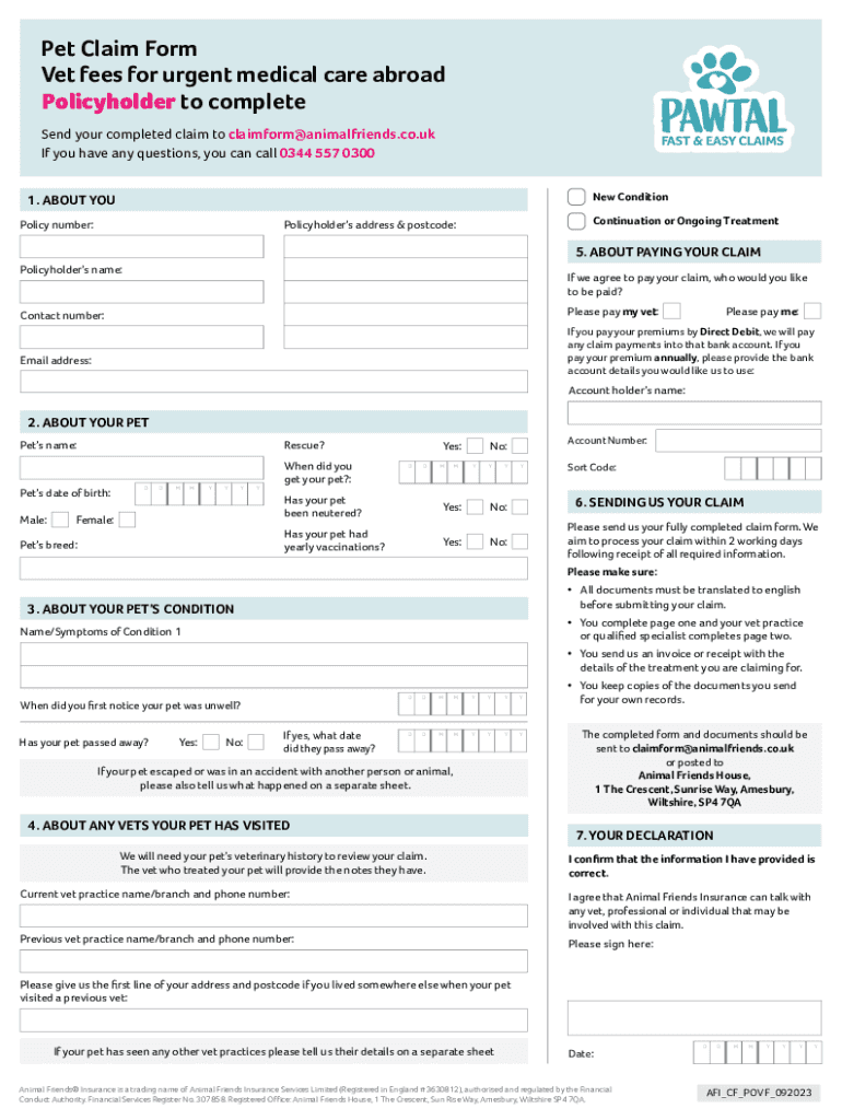 Fillable Online Animal Friends Pet Insurance Claim FormDownload PDF Fax ...