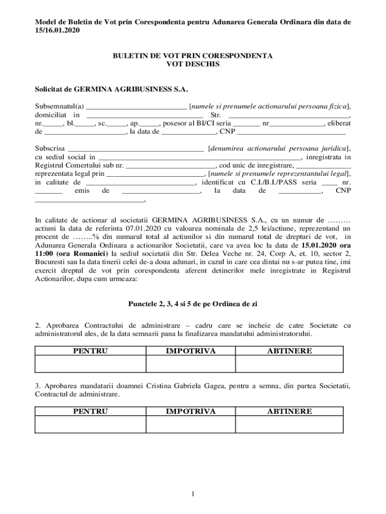 Fillable Online Model de Buletin de Vot prin Corespondenta pentru ...