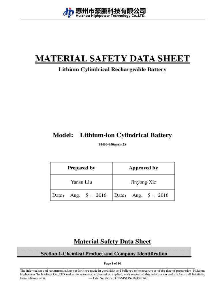 Fillable Online Rechargeable Lithium Ion Battery Pack - Safety Data ...