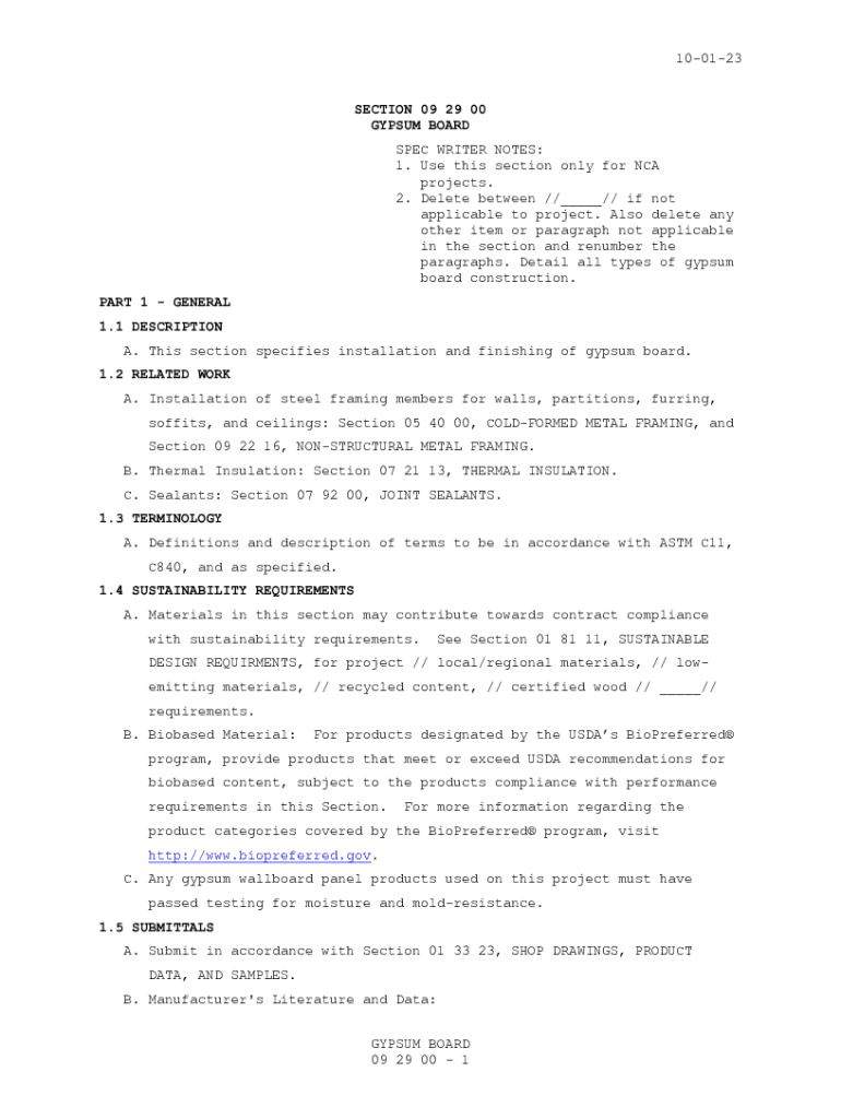 Fillable Online VA NCA SECTION 09 29 00 GYPSUM BOARD. NCA MASTER ...