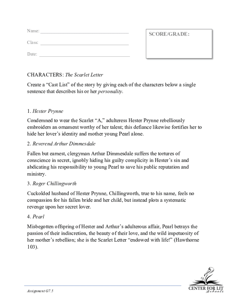 Fillable Online CHARACTERS: The Scarlet Letter Create a Cast List of ... Fax Email Print - pdfFiller