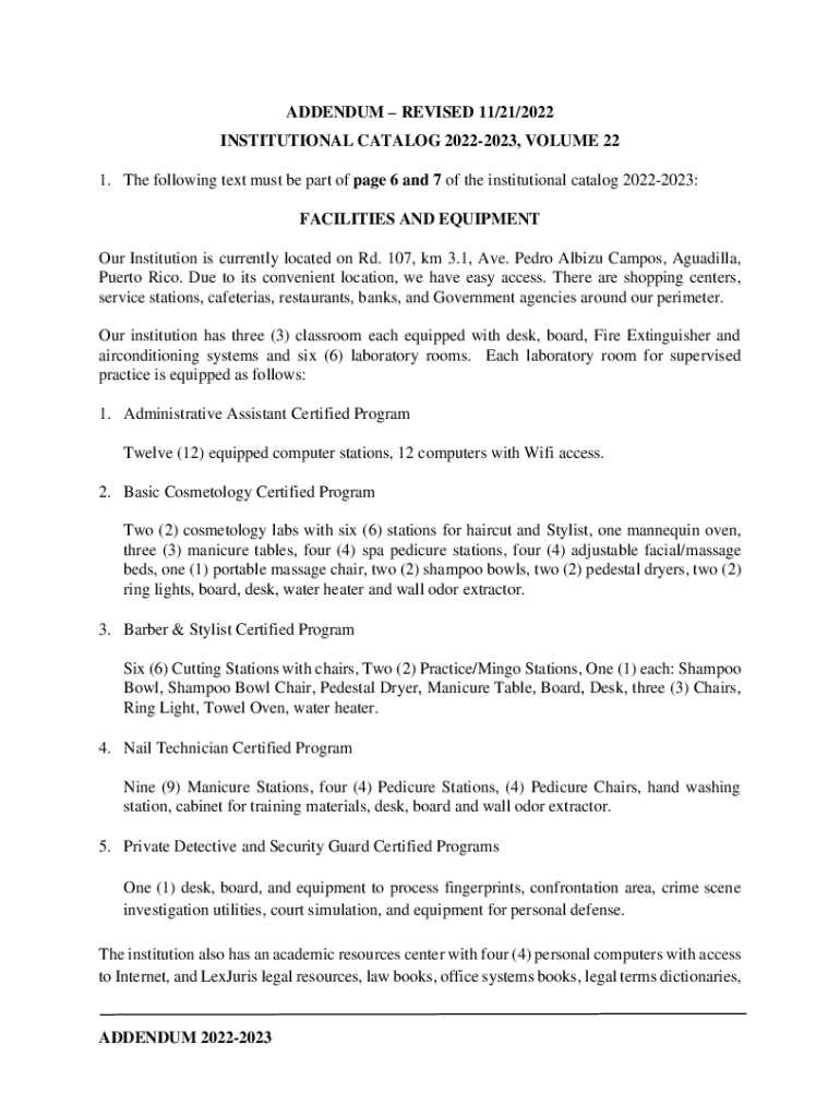 Fillable Online Addendum to the 2022-2023 Catalog Reflecting New ...
