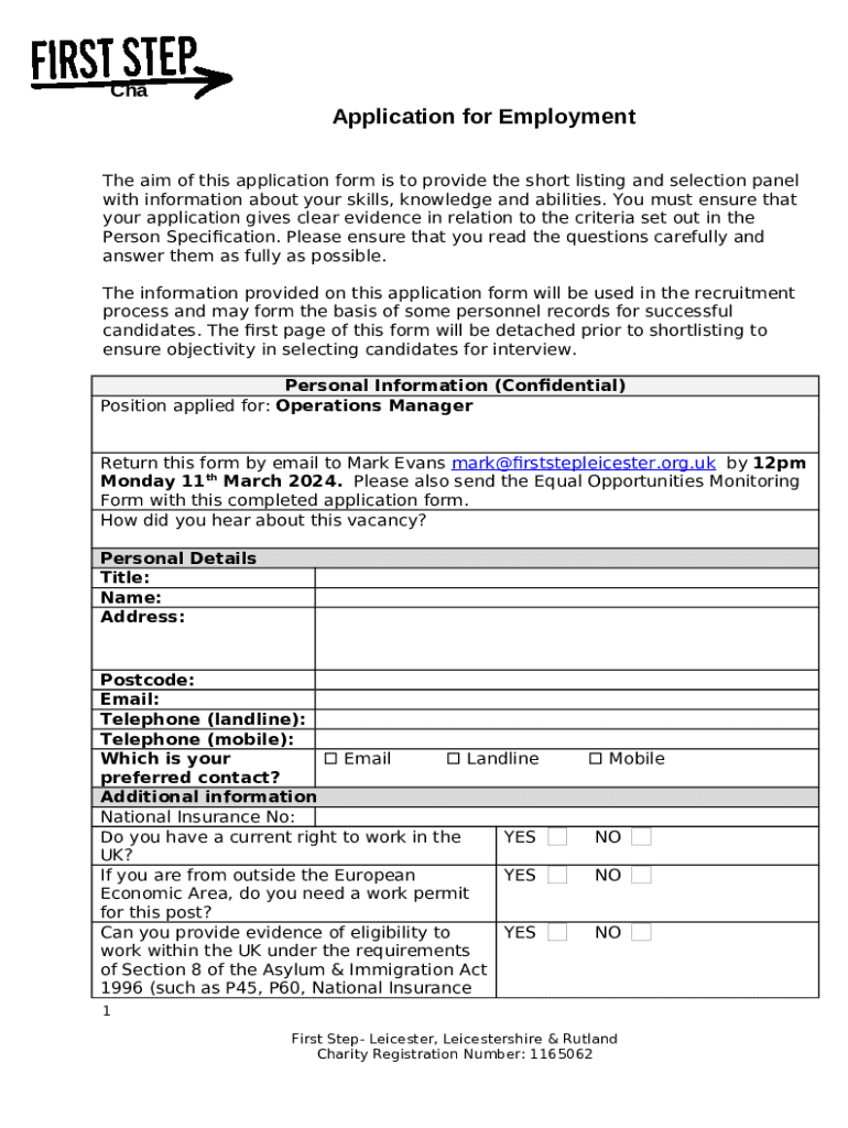 Cha Application for Employment Doc Template | pdfFiller