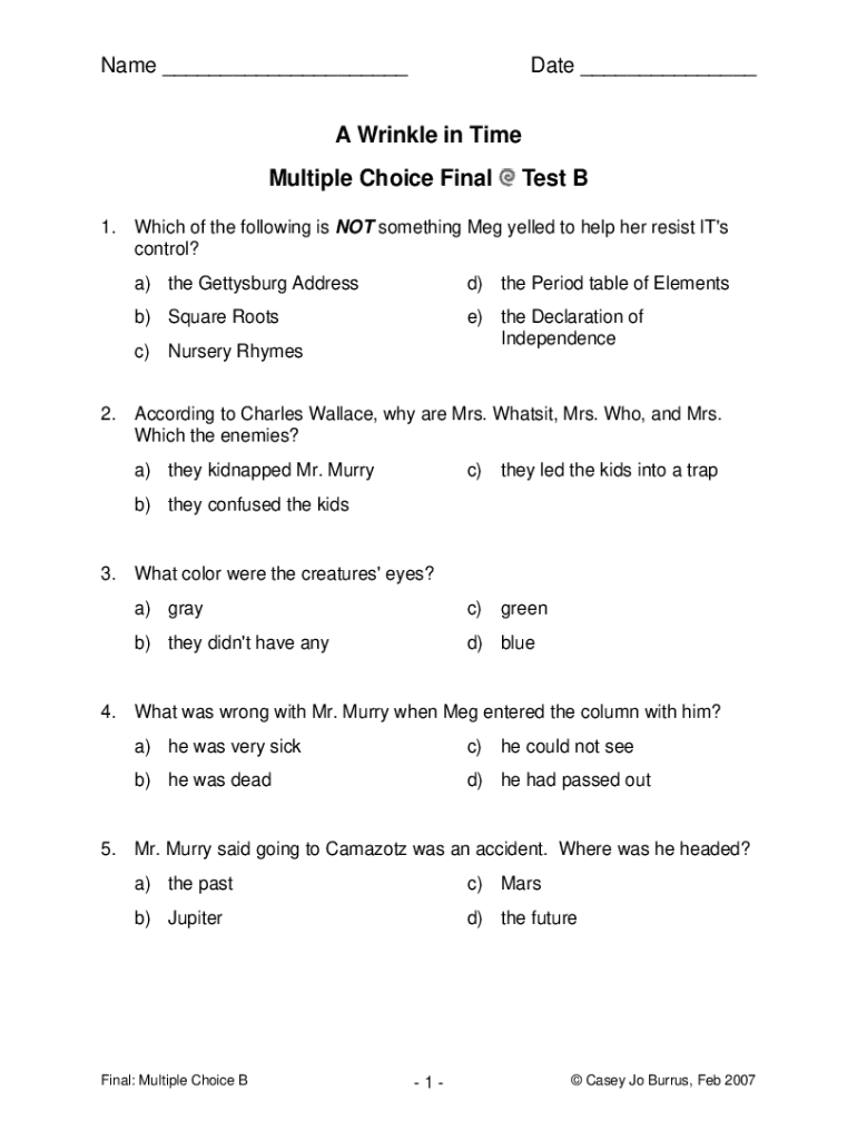 Fillable Online A Wrinkle in Time - Final Exam -Study Guide Flashcards ...