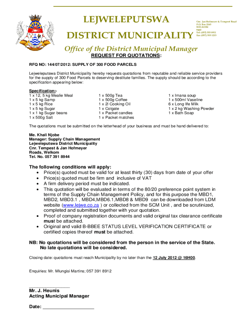 Fillable Online invitation to quote - Lejweleputswa District Municipality Fax Email Print ...