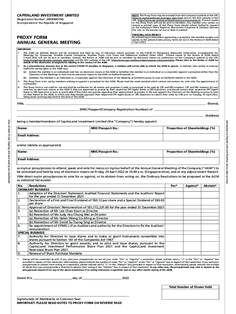 Fillable Online Singapore Exchange Limited Proxy Form Fax Email Print ...