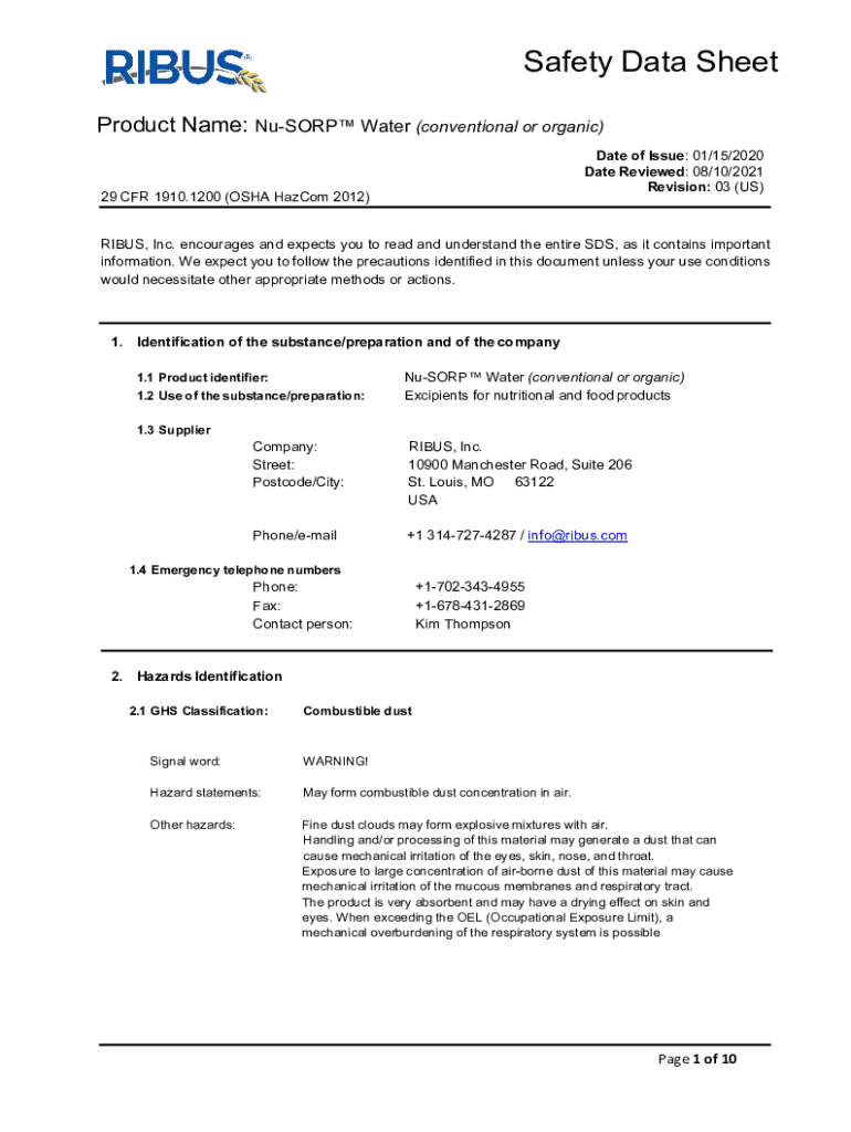 Fillable Online Product Name: Nu-SORP Water (conventional or organic ...