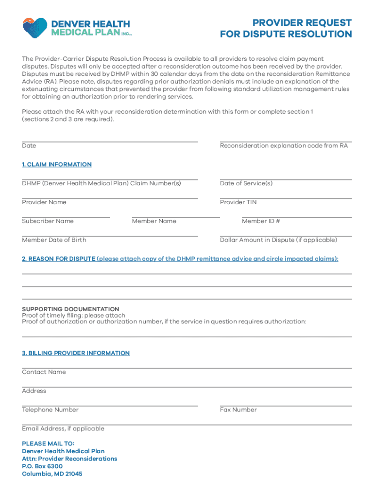 Fillable Online Provider Request for Dispute Resolution. PRIOR ...