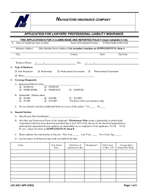 Fillable Online NAVIGATORS INSURANCE COMPANY APPLICATION FOR ... - BTIS ...