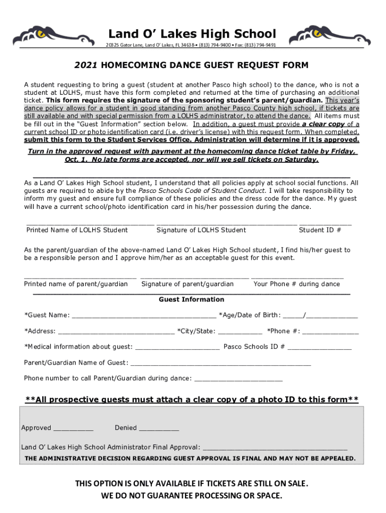 Fillable Online 2021 HOMECOMING DANCE GUEST REQUEST FORM Fax Email ...