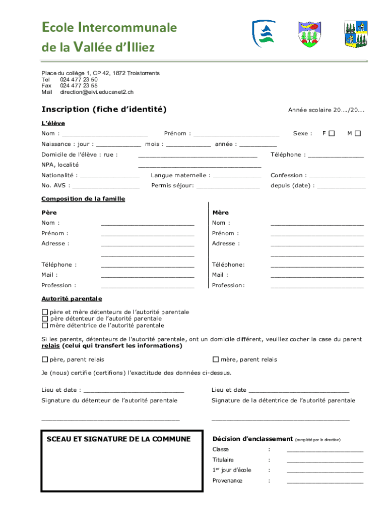 Remplissable En Ligne L'cole Intercommunale de la Valle d'Illiez (EiVi) - Ecole ... Fax Email ...