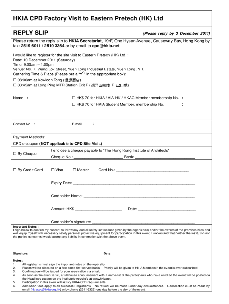 Fillable Online HKIA CPD Factory Visit to Eastern Pretech (HK) Ltd ...